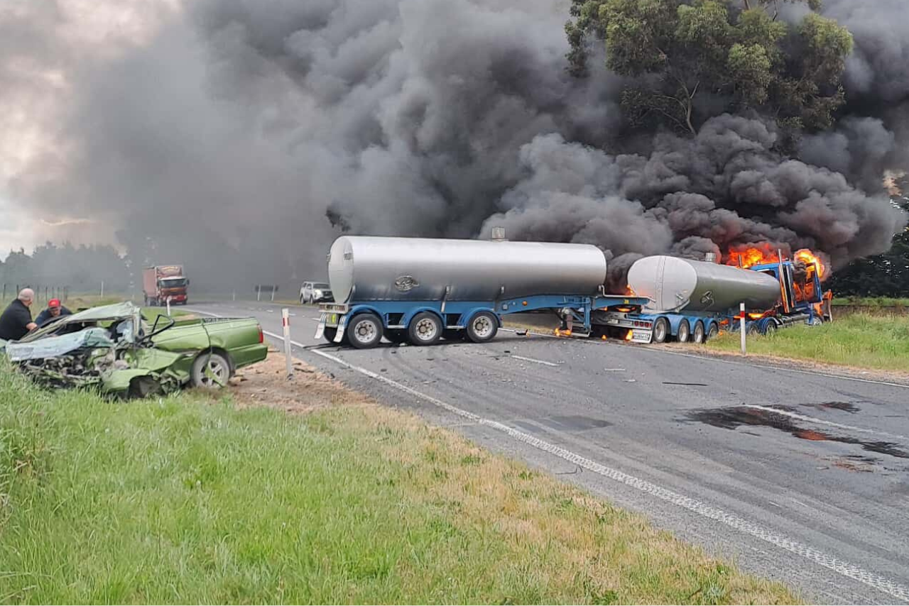 Person critically injured in fiery crash involving milk tanker in Kirwee - Chris Lynch Media